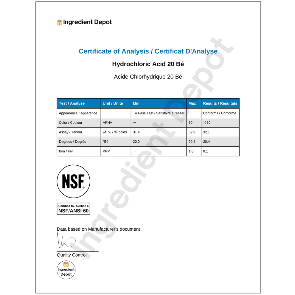 Hydrochloric Acid (Muriatic Acid) 20° Baumé (31.45%) 240 litres ...